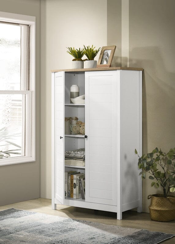 Claire 35"W White Storage Cabinet with Oak Accent Finish and Framed Sl ...
