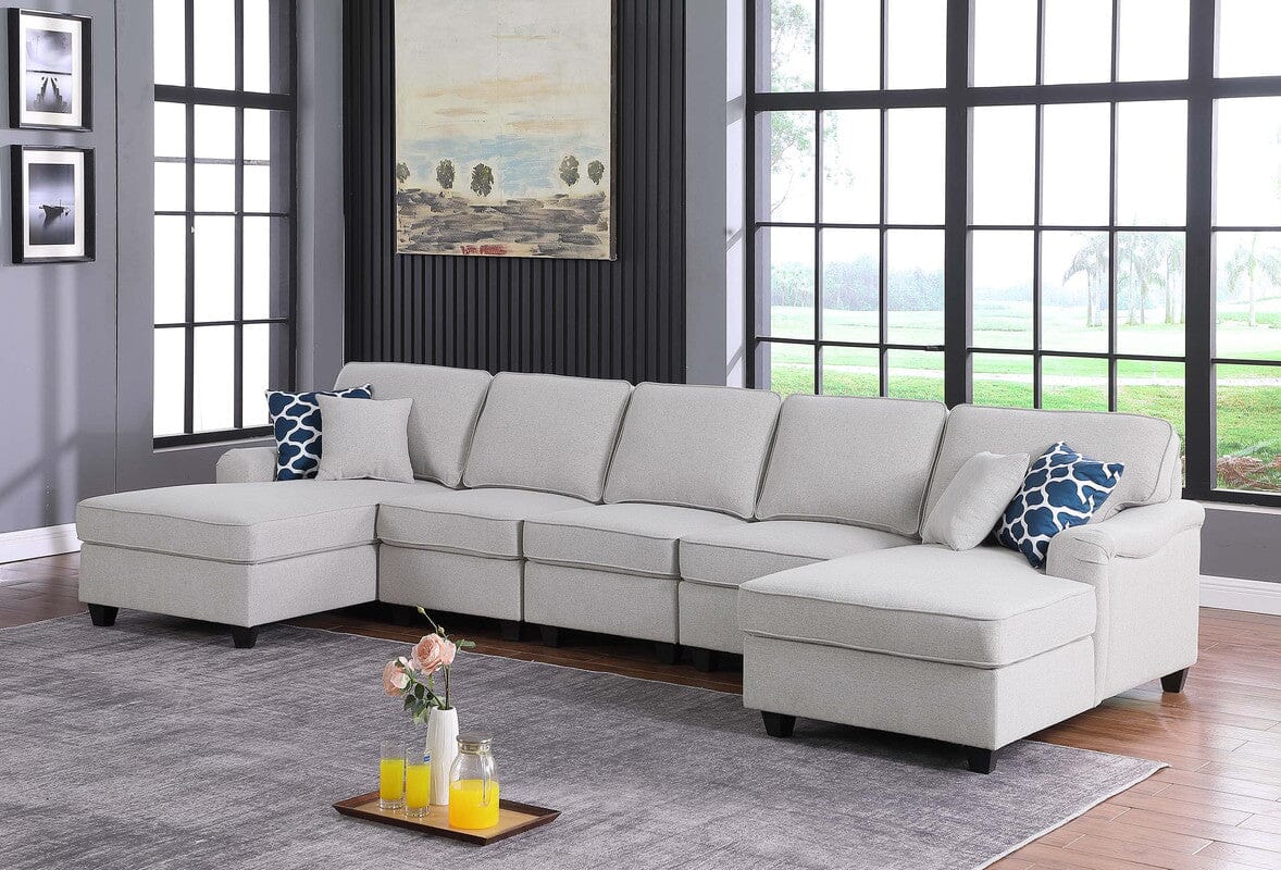 Leo Light Gray Linen Double Chaise 5Pc Modular Sectional Sofa ...