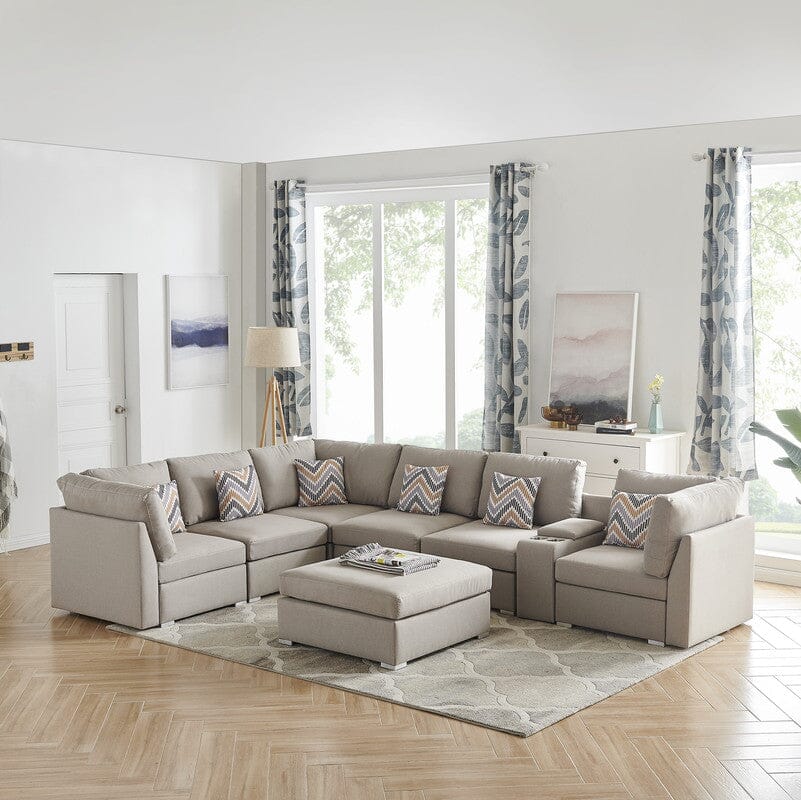 Lucy Beige Fabric Reversible Modular Sectional Sofa with USB Console a ...